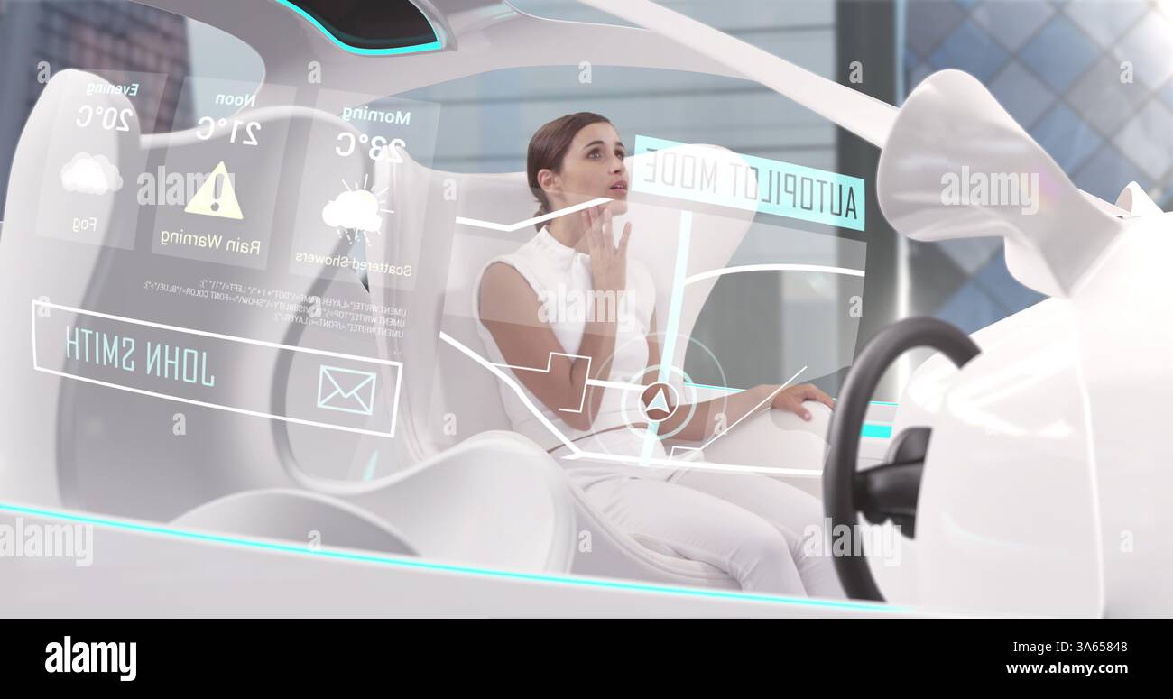 Image of woman in car with white interiors in autopilot mode driving ...