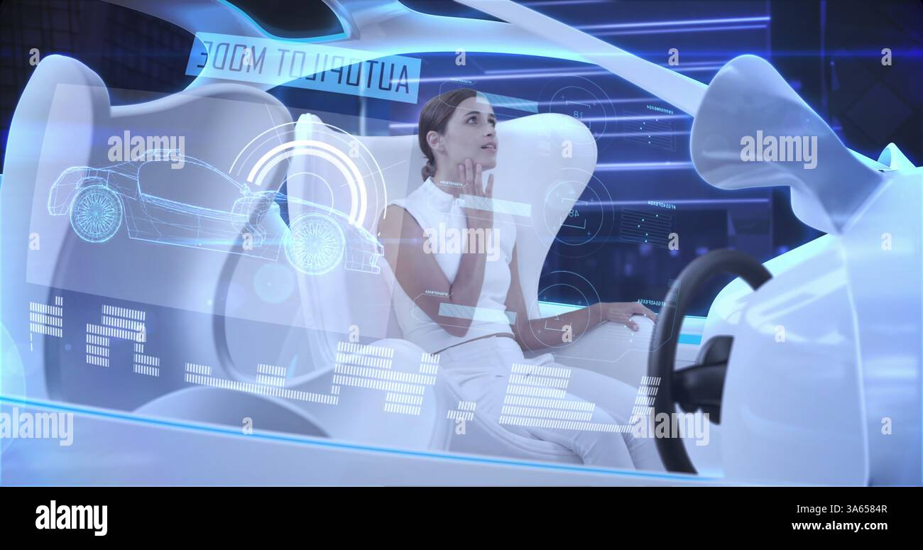 Image of woman wearing white in car in autopilot mode driving across ...