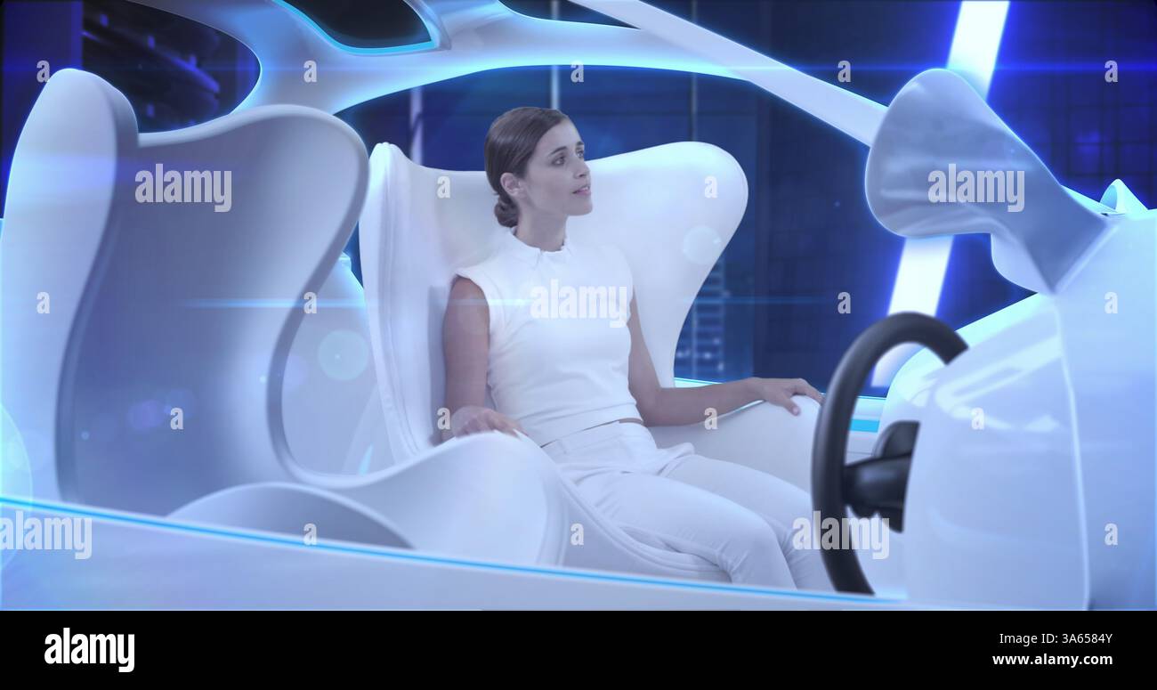 Image of woman wearing white in car in autopilot mode driving across ...
