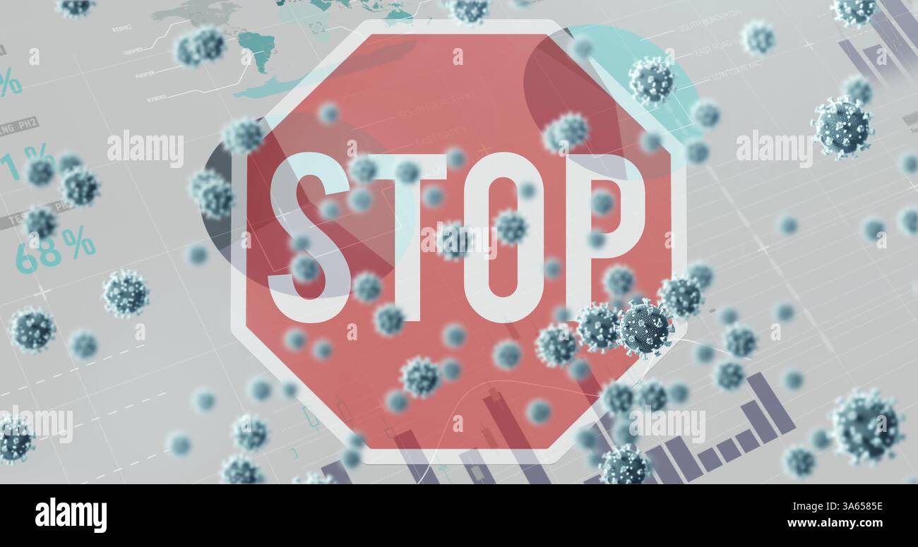 Image of digital interface with graphs, statistics and 3d coronavirus ...