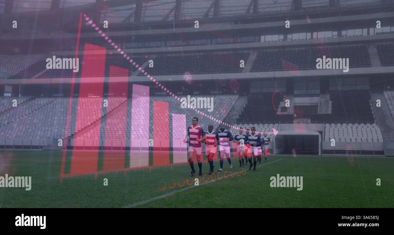 Image of coronavirus cells and diagram floating over multi ethnic group ...