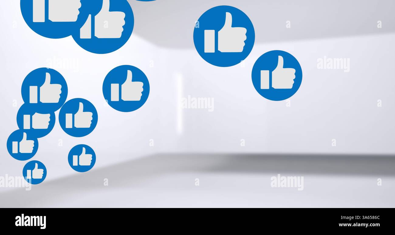 Image of multiple thumbs up like icons moving against white background ...