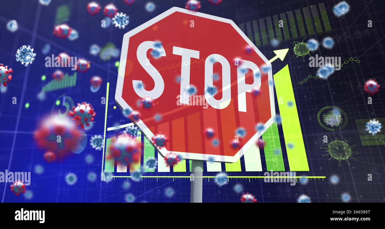 Image of digital interface with graphs, statistics and 3d coronavirus ...