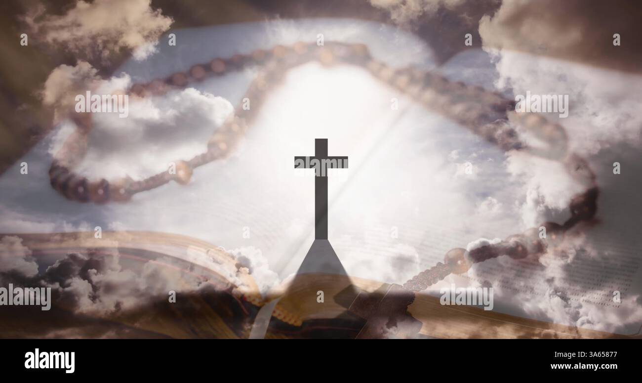 Image of christian cross, rosary and holy bible over clouds Stock Photo ...