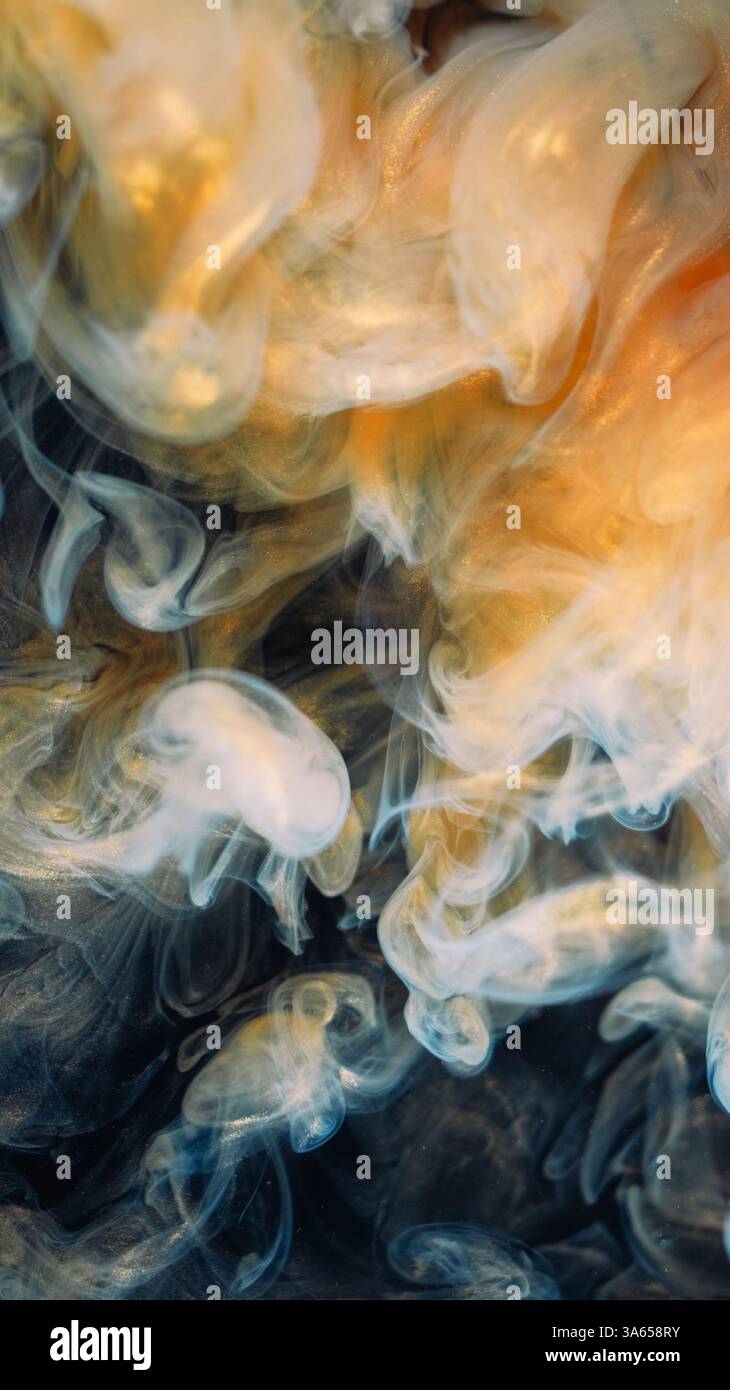 Art cloud. Shimmering mist. Golden yellow paint spill swirl abstract ...