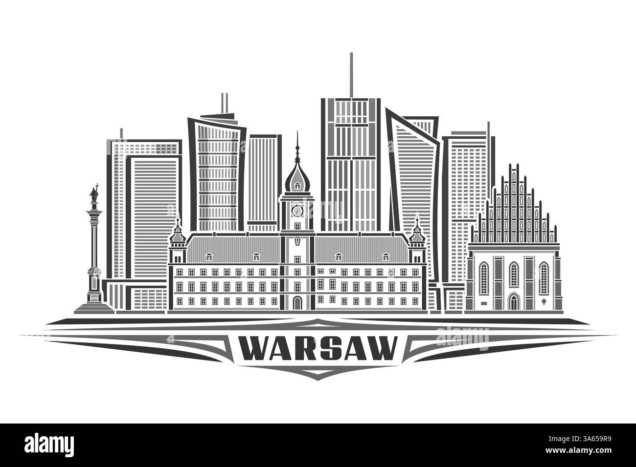 Vector illustration of Warsaw, monochrome horizontal card with linear ...
