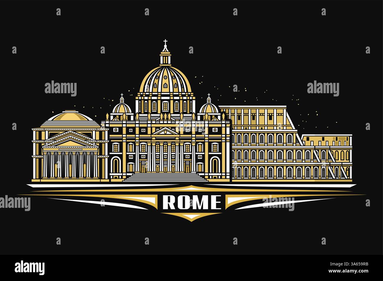 Vector illustration of Rome, dark horizontal card with linear design ...