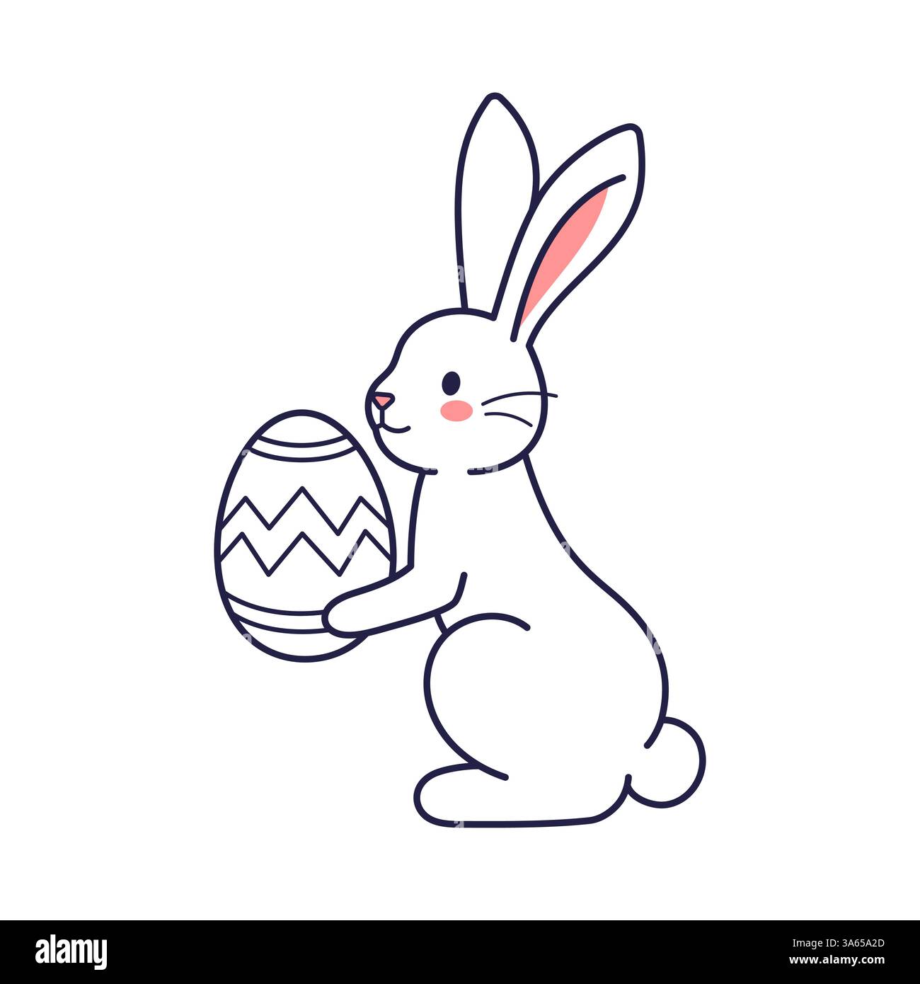 Easter character bunny, rabbit, hare holds painted egg. Vector flat ...
