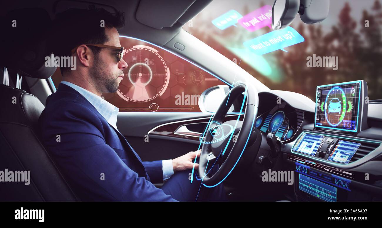 Image of digital interface over businessman in self driving car Stock ...