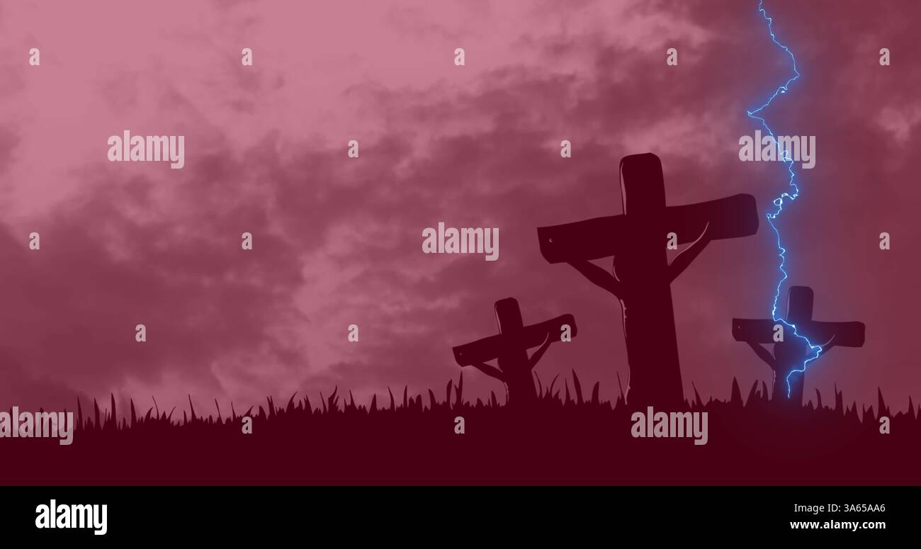 Digital composition of thunder effect over crucifix on cross against ...