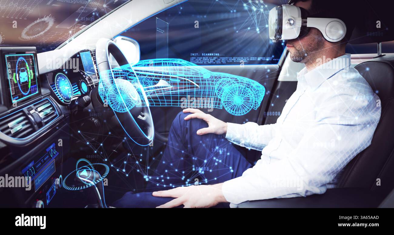 Image of 3d car drawing over businessman wearing vr headset in self ...