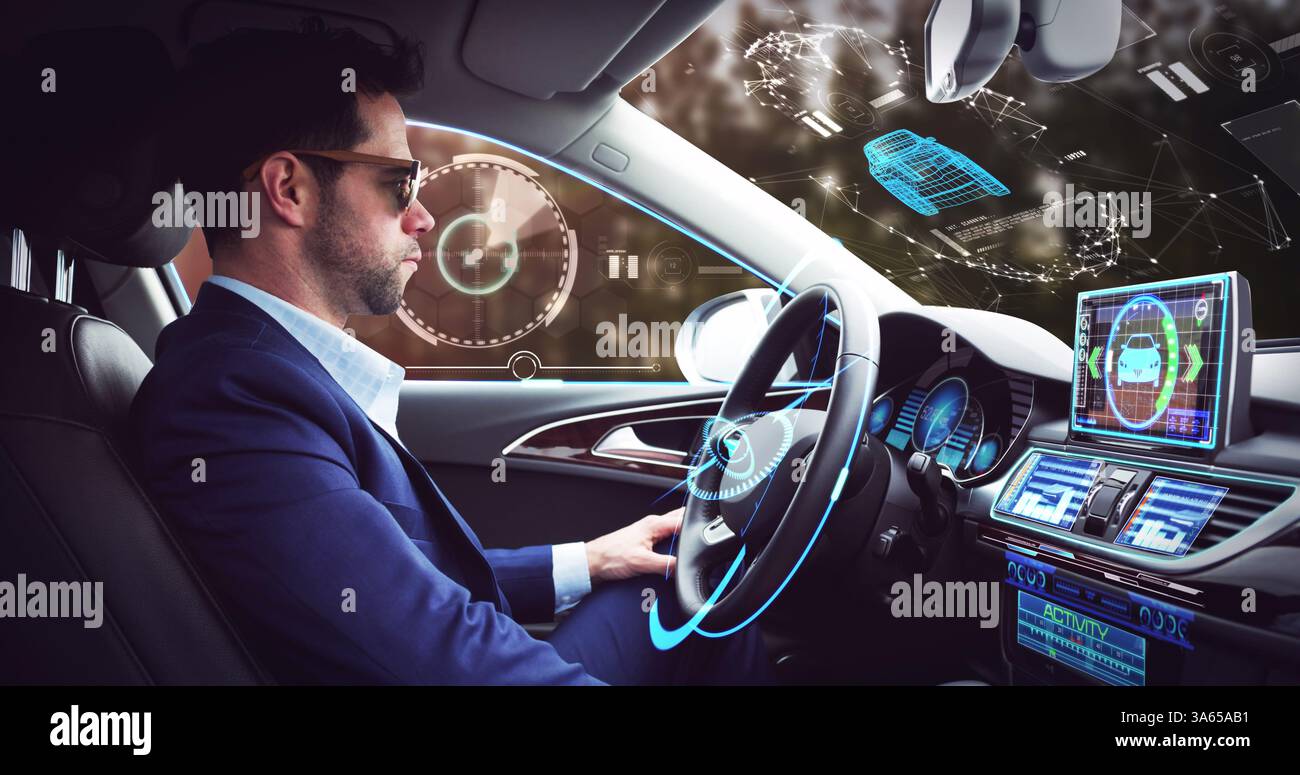 Image of digital interface over businessman in self-driving car Stock ...