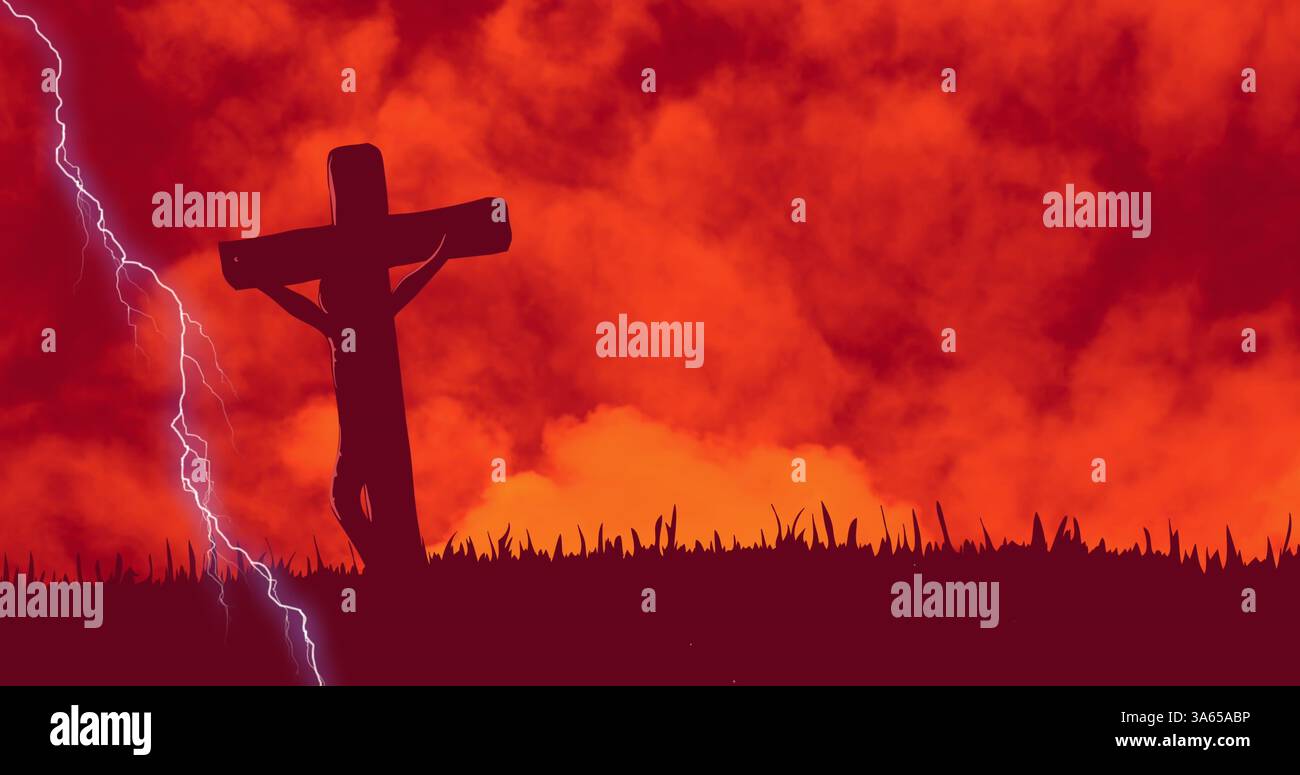 Digital composition of thunder effect over crucifix on cross against ...