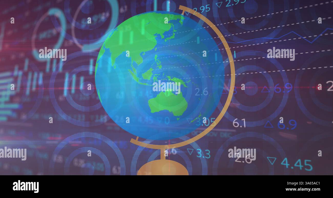 Image of globe spinning with numbers and graphs rolling in the background Stock Photo - Alamy