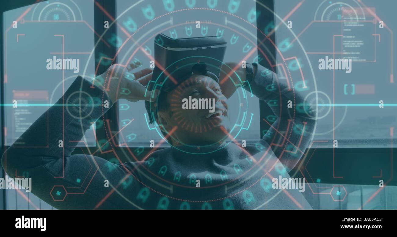 Image of data processing and scope scanning over smiling man wearing vr ...