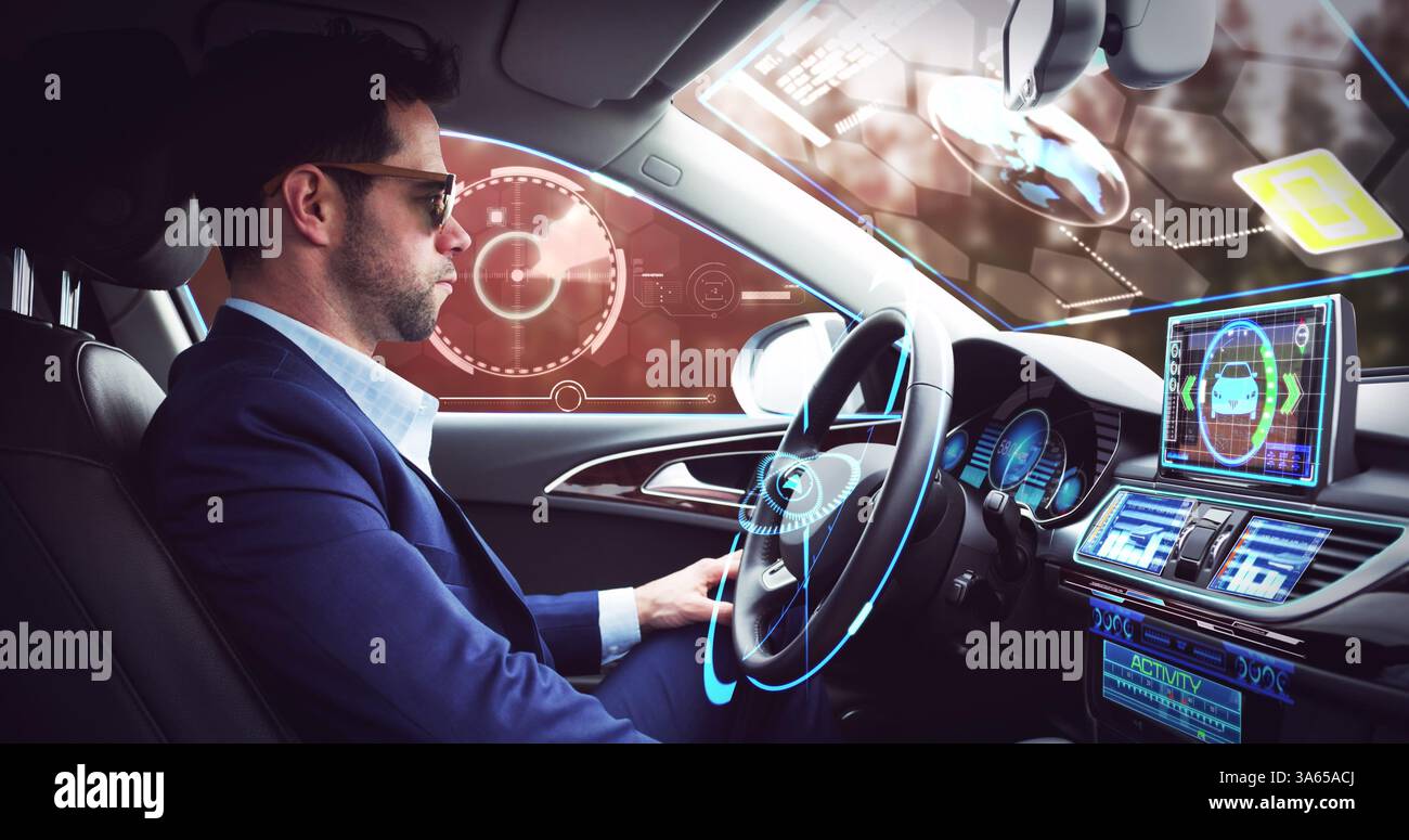 Image of digital interface over businessman in self-driving car Stock Photo - Alamy