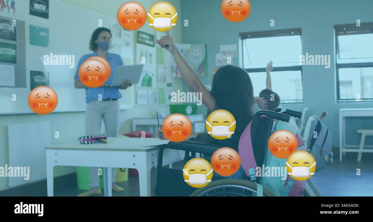 Multiple face mask and sick face emojis falling against female teacher ...