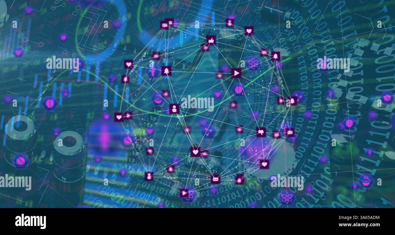 Image of globe made of connections and icons spinning with graphs and ...