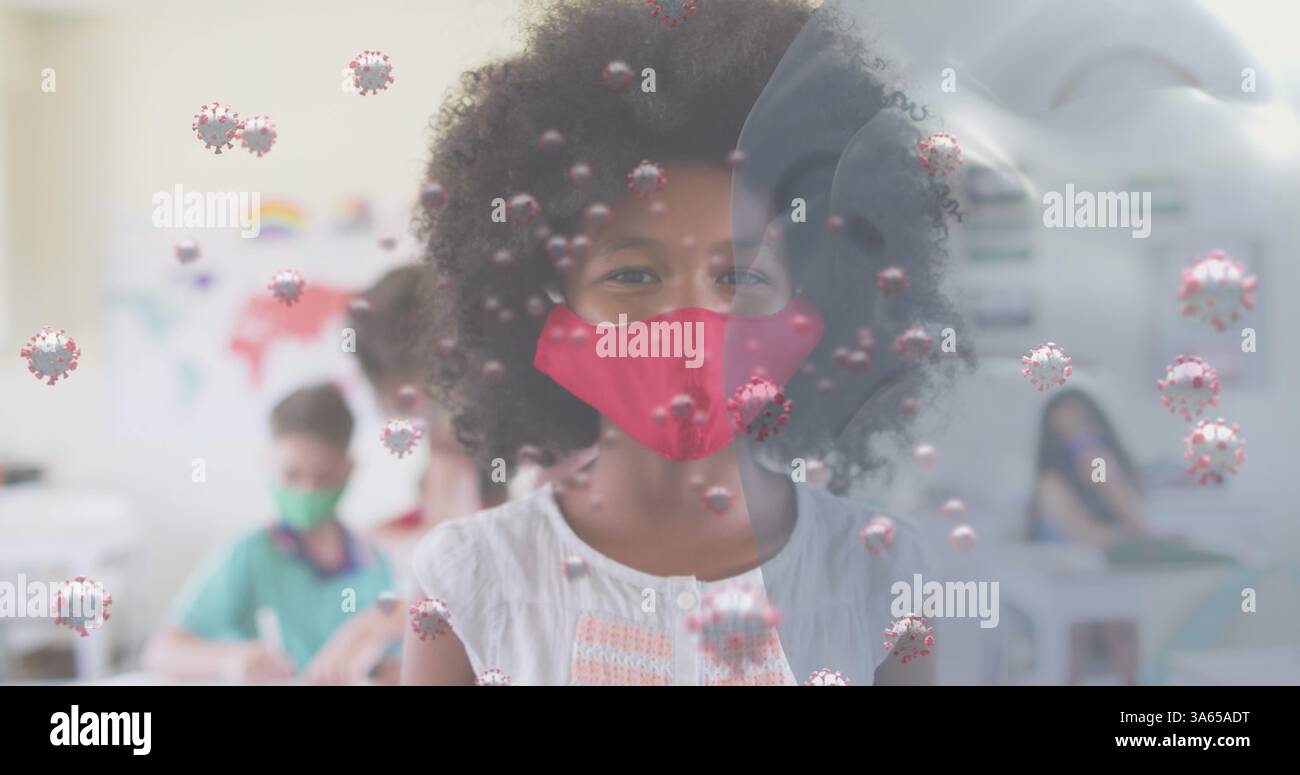 Image of floating covid 19 cells and schoolgirl in class wearing face ...