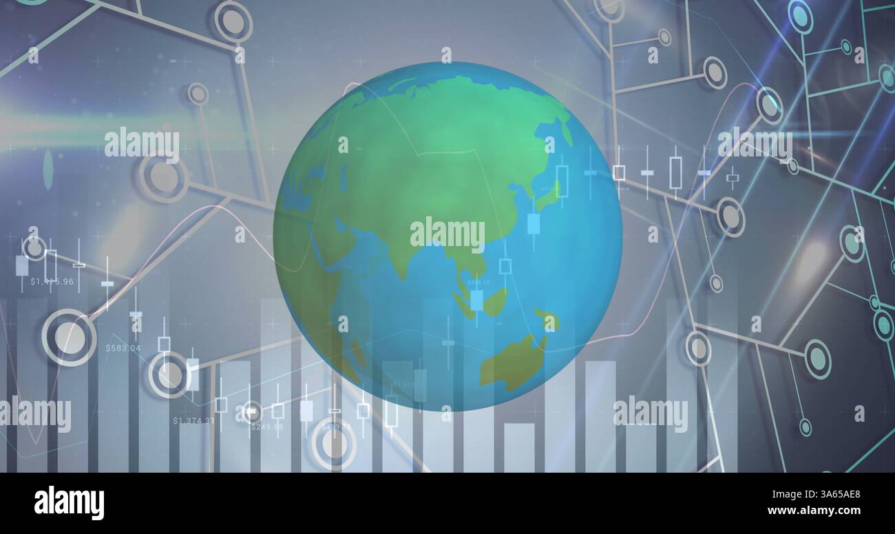 Image of globe spinning with graph rolling over microprocessor ...