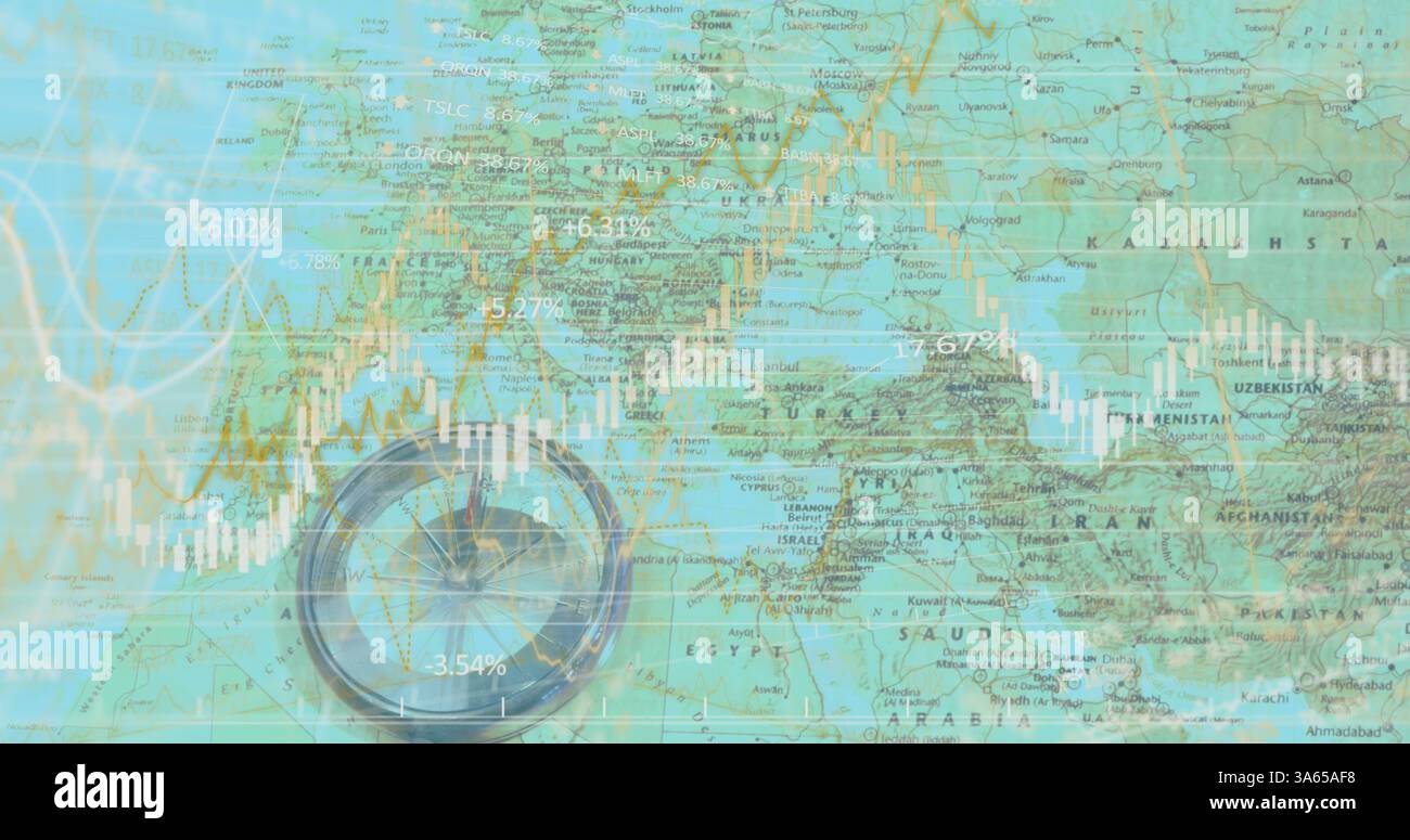 Image of graph rolling over a compass lying on a map Stock Photo - Alamy