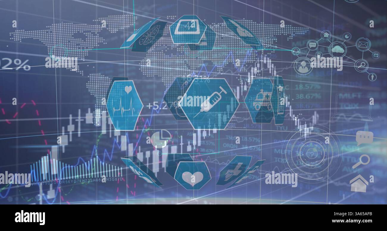 Image of ball made of medical icons spinning with graphs rolling over a ...