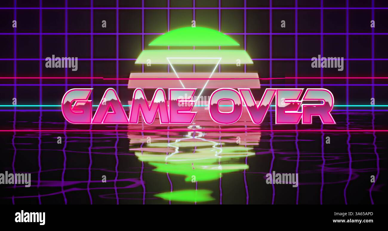 Image of game over text over purple grid and digital sunset Stock Photo ...