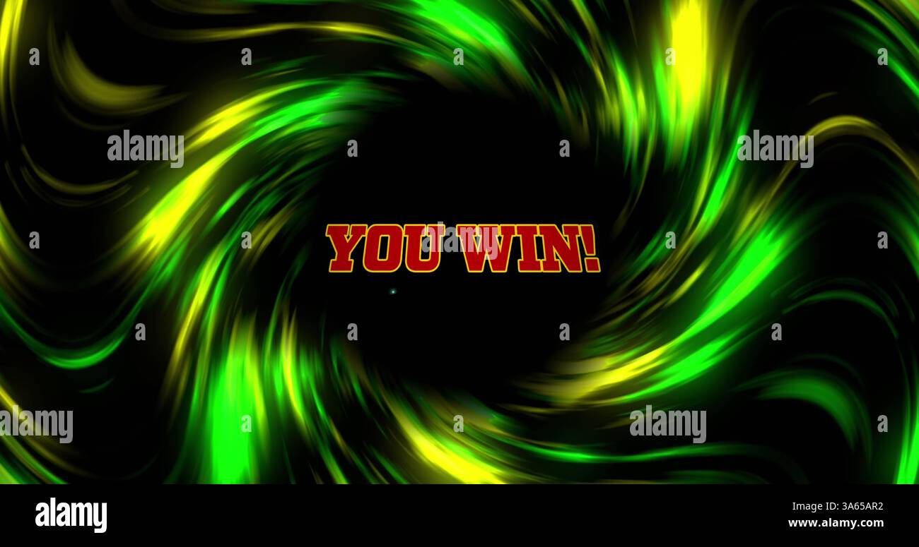 Digital image of you win text against green waves on black background ...