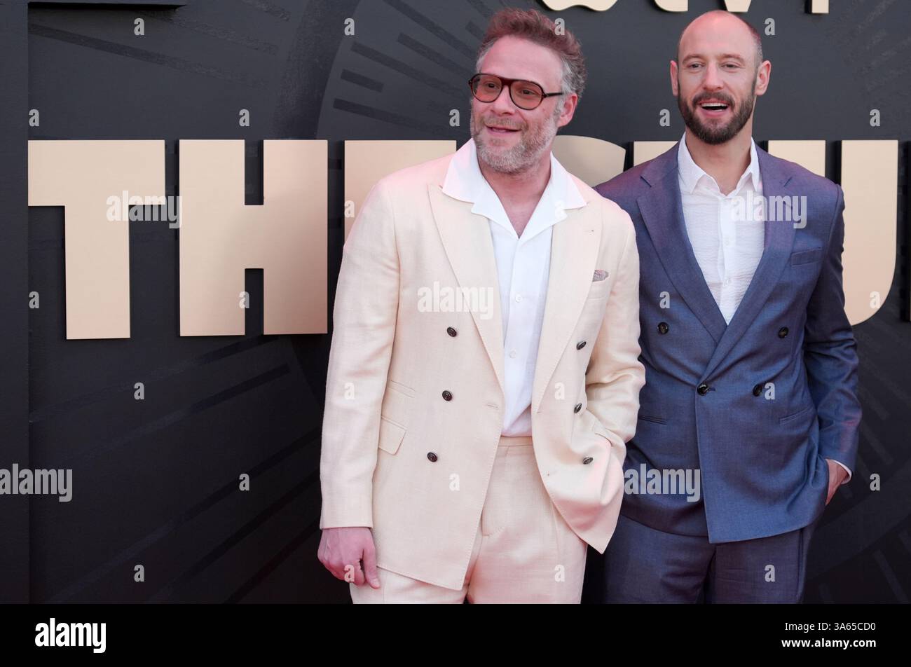 Seth Rogen, left, and Evan Goldberg pose together at the premiere of ...