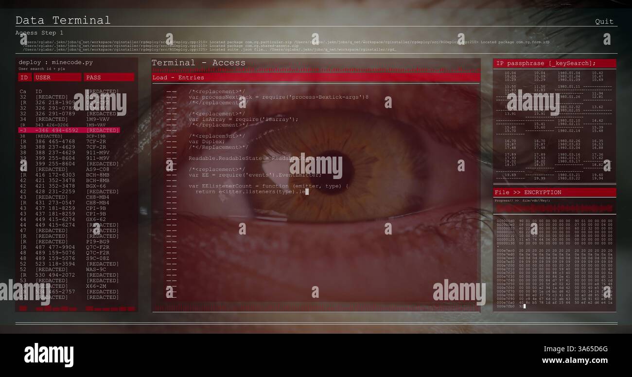 Image of data processing on computer screens over close up of eye ...