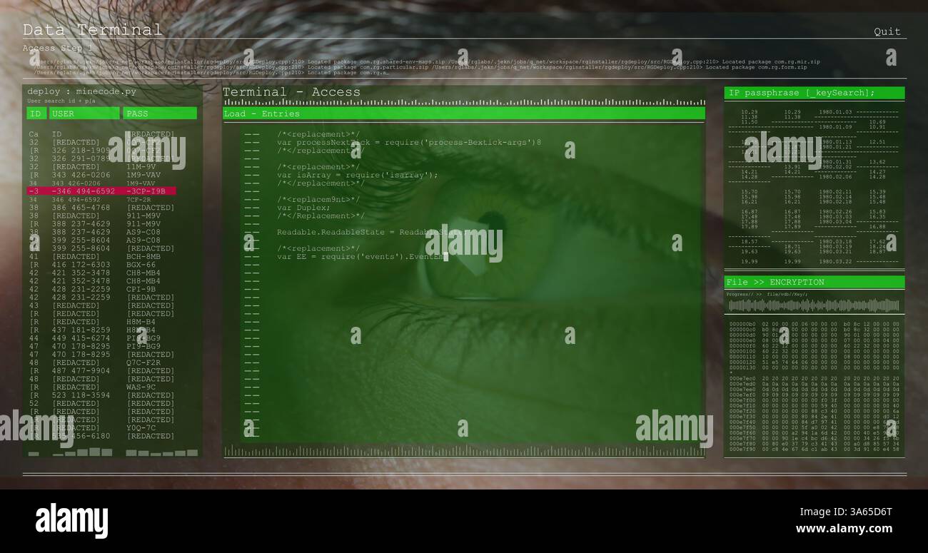 Image of data processing on computer screens over close up of man's eye ...