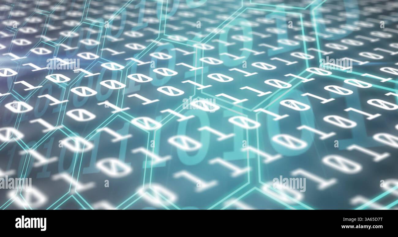 Image Of Binary Coding Data Processing Over Network Of Hexagons Stock