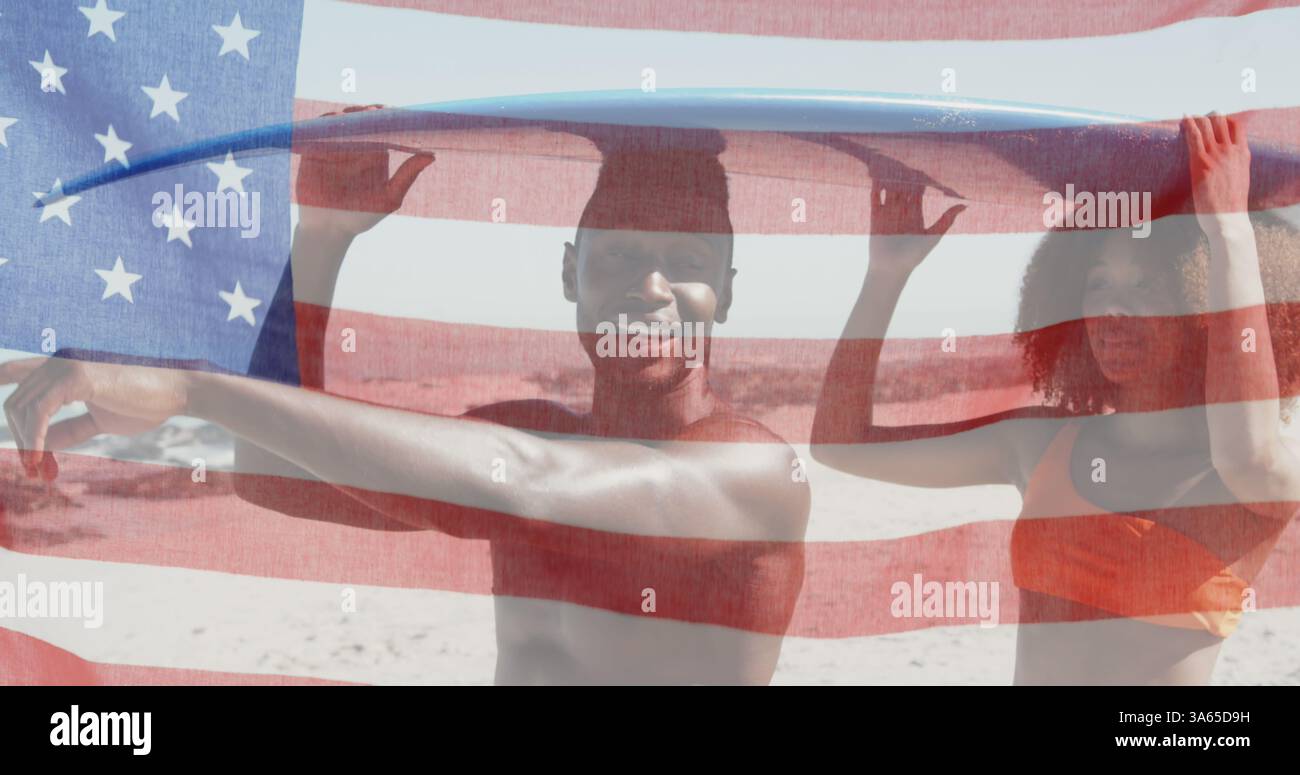 American flag waving against african american couple carrying surfboard ...