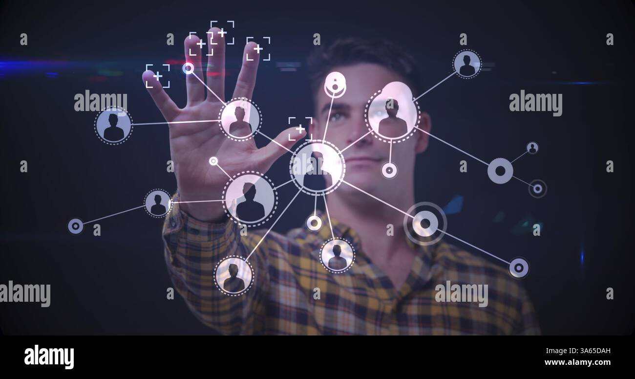 Image of man touching interactive screen with network of connections ...