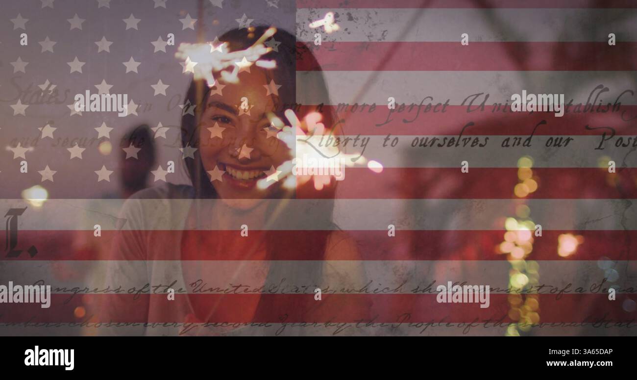 Waving american flag and constitution text against woman enjoying with ...