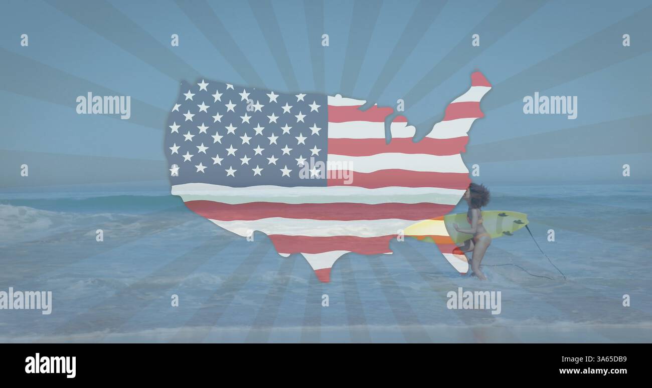 Image of american flag map waving over smiling woman running with ...