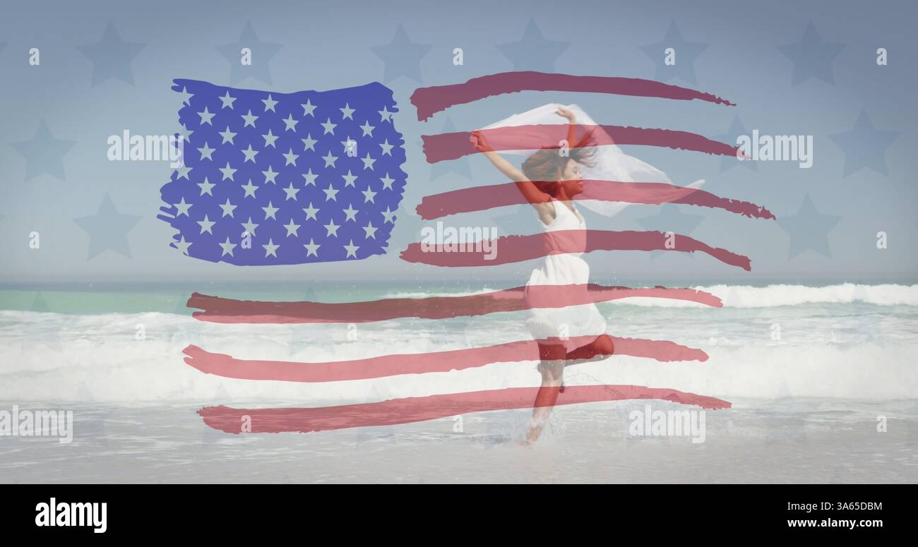 American flag waving against african american woman with scarf running ...