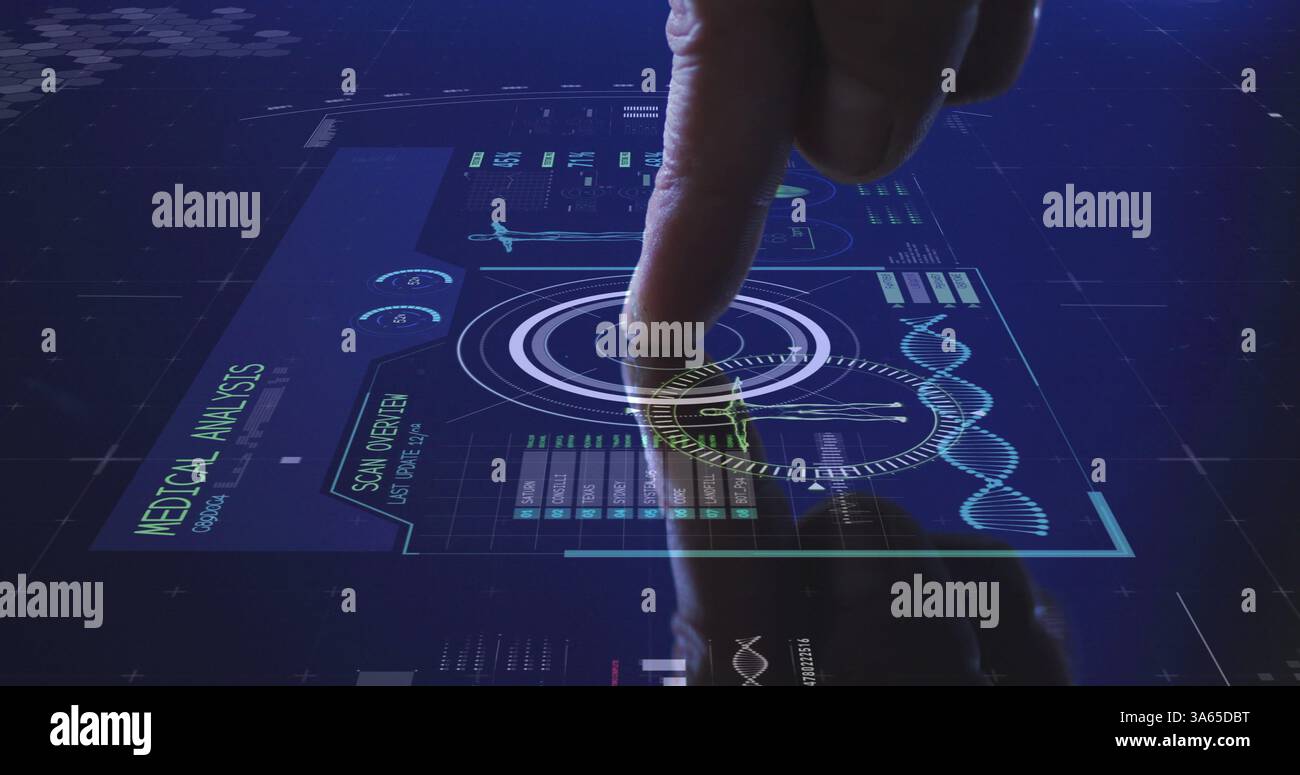 Image of man's finger touching interactive screen with medical data ...