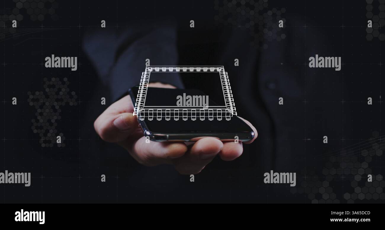 Image of digital model spinning over smartphone screen held by ...