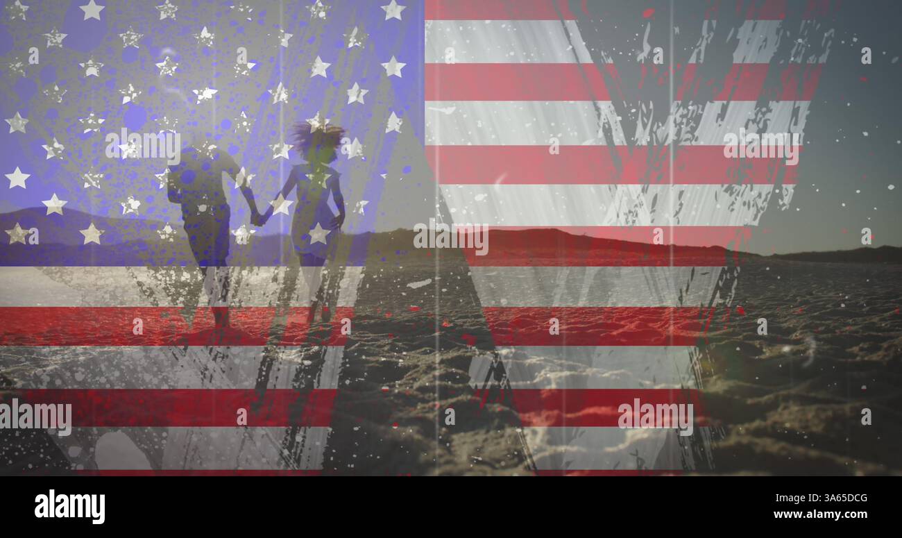 American flag with glitch effect against couple holding hands running ...