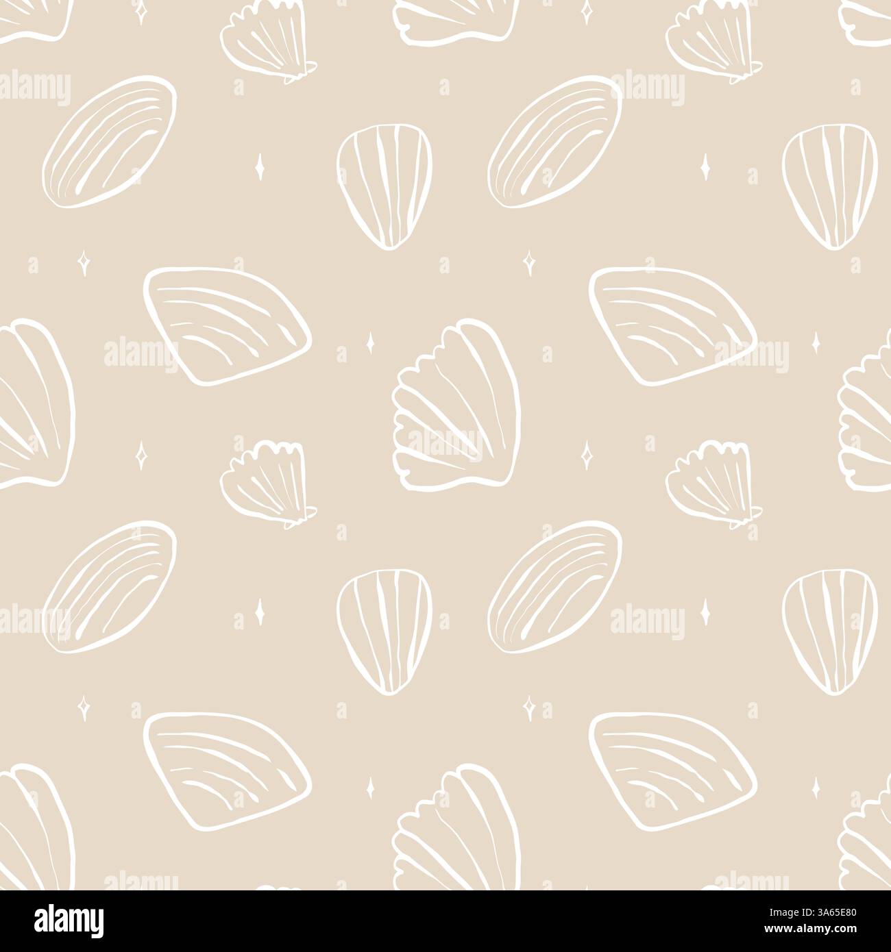 Hand drawn sea shells with sparkles beige yellow sandy seamless pattern ...