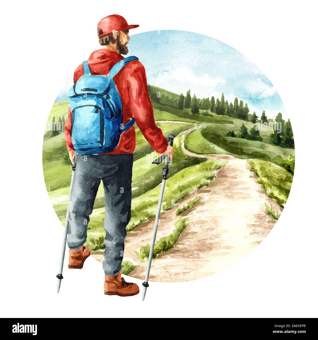 Tourist, young man, with trekking poles in hands, looks towards the ...