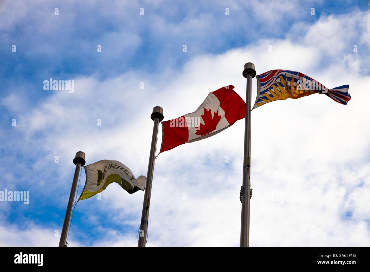 Canada, British Columbia, and Surrey flags with blue sky, March 2025 ...