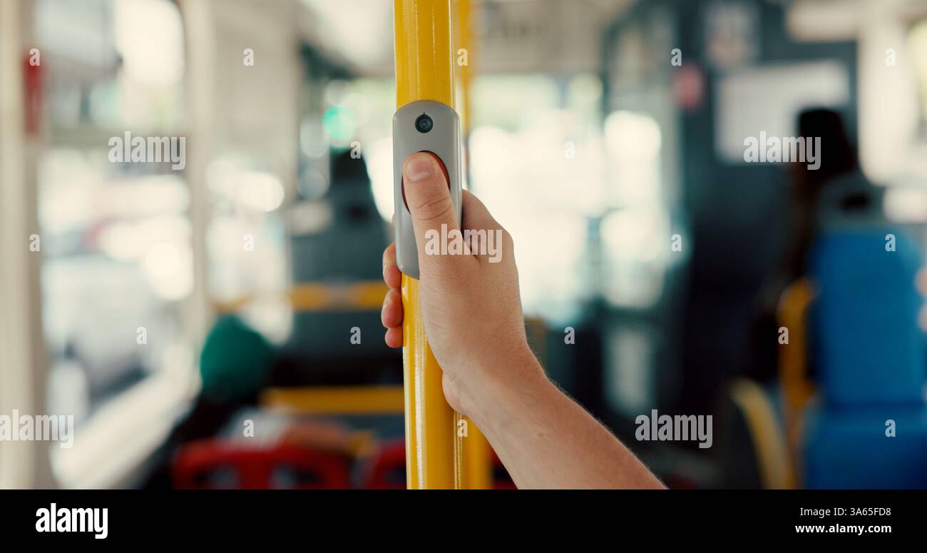 Button, hand and public transport with person on bus for commute ...