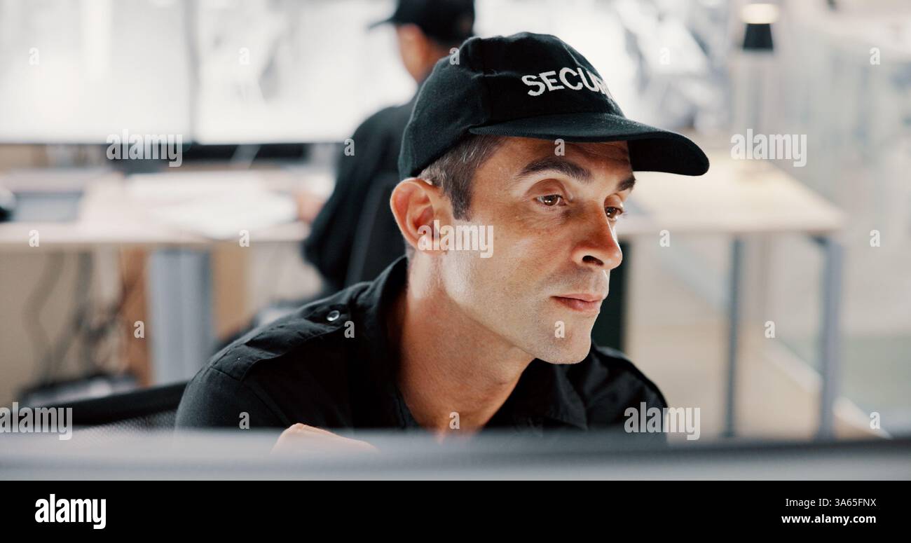 Security guard, watching and man with computer, online and surveillance ...