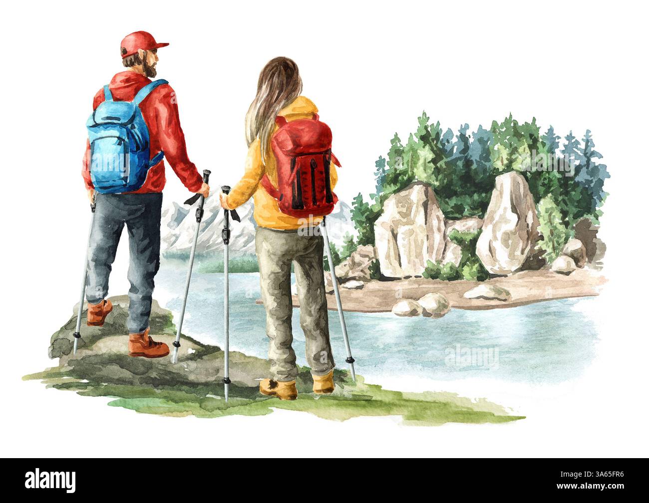 Tourists stands with their backs to the viewer, with trekking poles ...