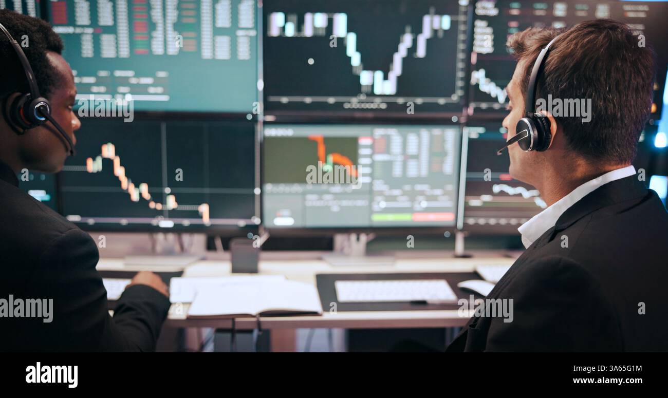 Men, monitor and graphs for stock market, together and voip headset for ...