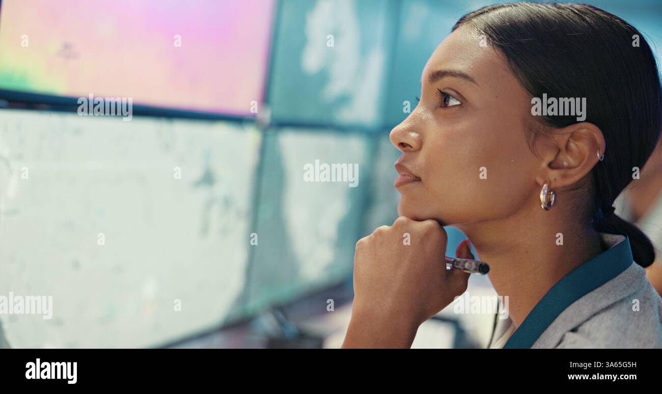 Control room, thinking and woman with computer, screen and decision ...