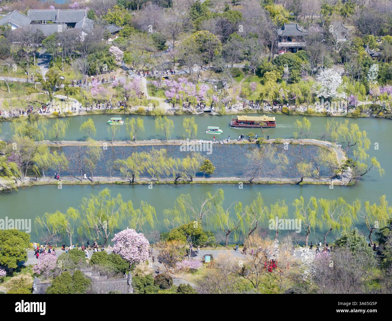 Aerial photo shows the spring scenery of the Slender West Lake scenic ...