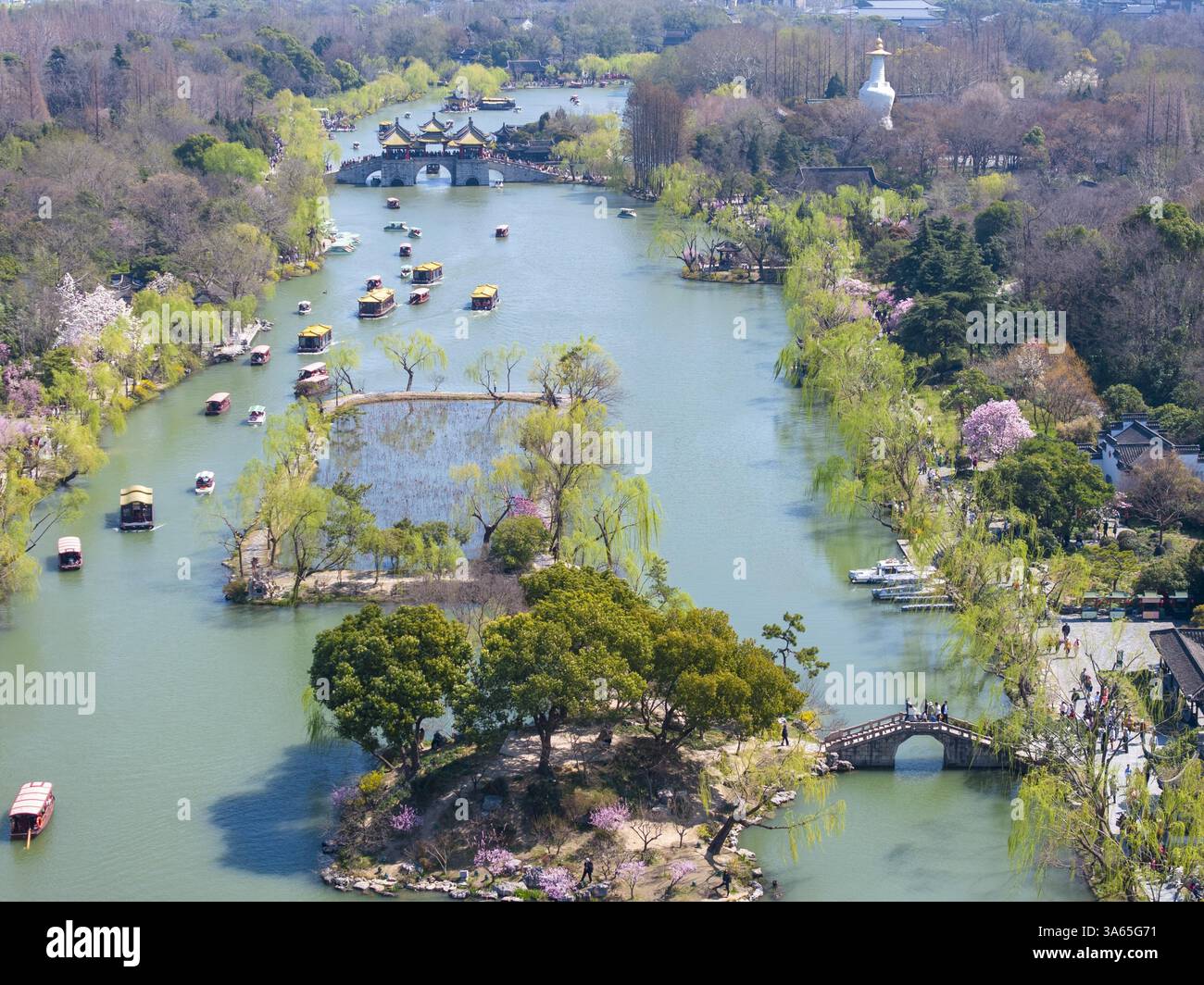 Aerial photo shows the spring scenery of the Slender West Lake scenic ...